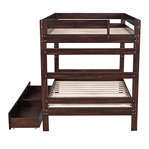 Full Over Full Bunk Bed with 2 Drawers, Solid Wood Bunk Bed Frame with Ladders & Storage Drawers, Bedroom Furniture Can Be Divided Into Two Individual Beds