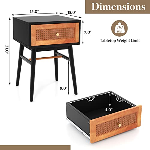 Giantex Rattan Nightstand Set of 2, Boho End Side Table with Rattan Decorated Storage Drawer & Solid Wood Legs, Mid-Century Modern Bedside Table for Bedroom Small Space, Easy Assembly, Black