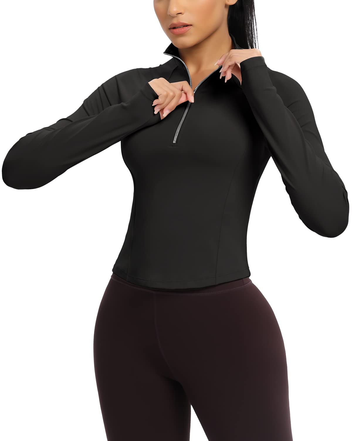 colorskin Women's Cropped Athletic Jackets Half Zip Pullover Long Sleeve Workout Shirts Crop Tops for Running Yoga(Black,Medium)