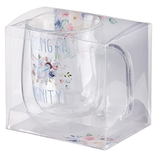 Christian Art Gifts Double Wall Insulated Clear Glass Coffee and Tea Mug for Women: Strength and Dignity - Proverbs 31:25 Inspirational Bible Verse, Hot and Cold Beverage with Handle, Pink, 10 oz.