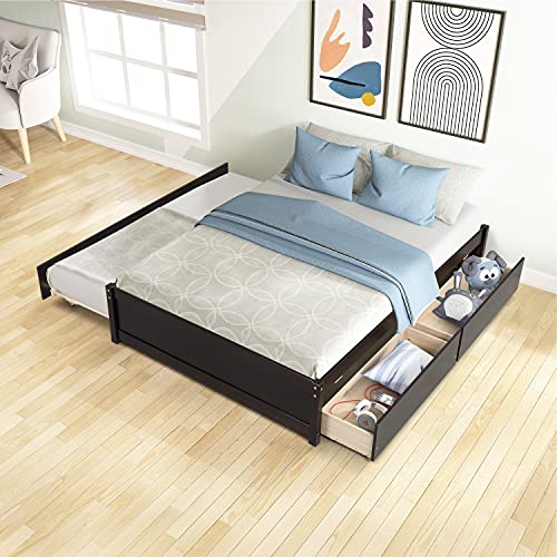 Full Size Bed Frame with Trundle and Storage, Platform Bed with Solid Wood Slat Support, Full Bed Frame with Twin Size Trundle Bed & 2 Storage Drawers, Noise Free, No Box Spring Needed (Espresso)