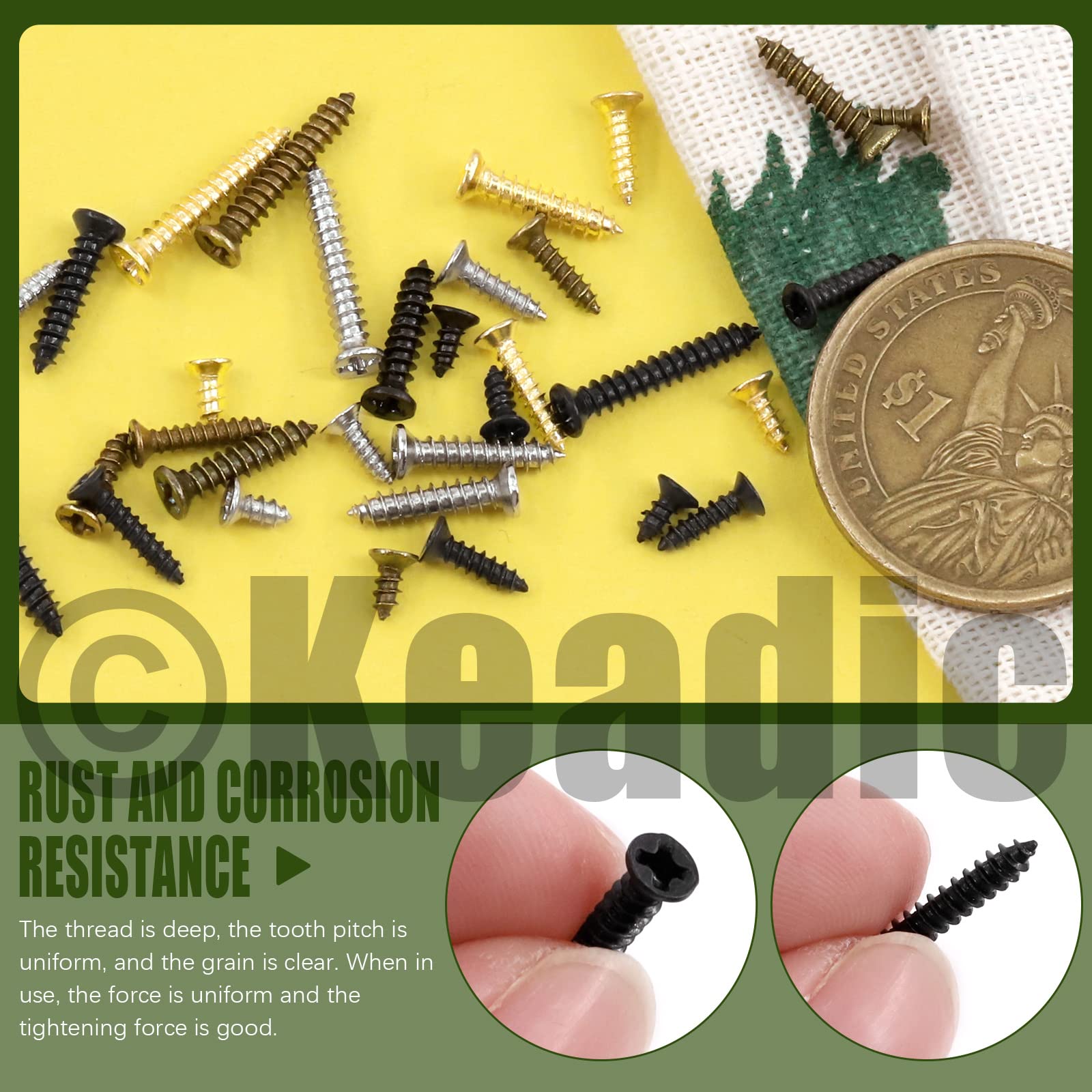 Keadic 2200 Pcs 4 Color Small Self Tapping Screws Assortment Kit, M2*5/6/8/10mm M2.6 * 12/16mm Self-Drilling Flat Cross Head Mini Wood Screw with Plastic Case (Black, Bronze, Silver, Gold)