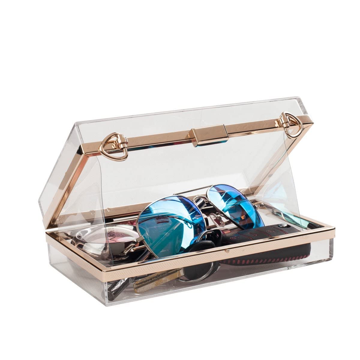 Women cute clear acrylic clutch purse stadium approved box bag with gold & silver chain strap