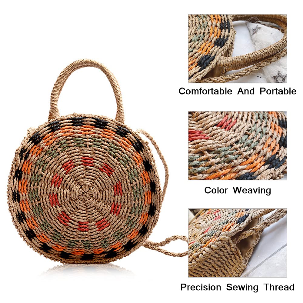 QTKJ Hand-woven Boho Women Straw Summer Beach Bag, Colorful Round Rattan Bag Cross Body Bag Shoulder Messenger Satchel (Khaki)