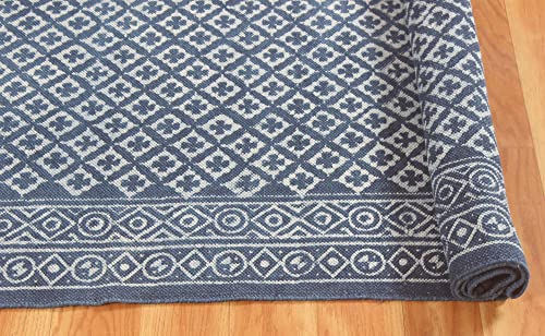 Indigo Blue Rug for Bathroom Handmade Cotton Durries Boho Kilim Rug Flat Weave Indoor Floor Decorative Rugs for Balcony Lounge Floor Bedroom Balcony