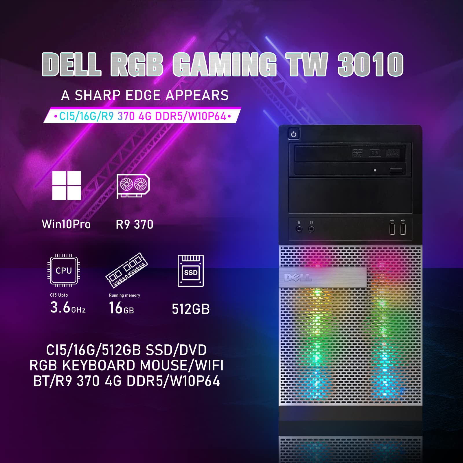 Dell RGB Gaming Desktop PC, Intel Quad I5 up to 3.6GHz, 16GB RAM, Radeon R9 370 4G GDDR5, 512G SSD, DVD, WiFi & Bluetooth, RGB Keyboard & Mouse, Win 10 Pro (Renewed)