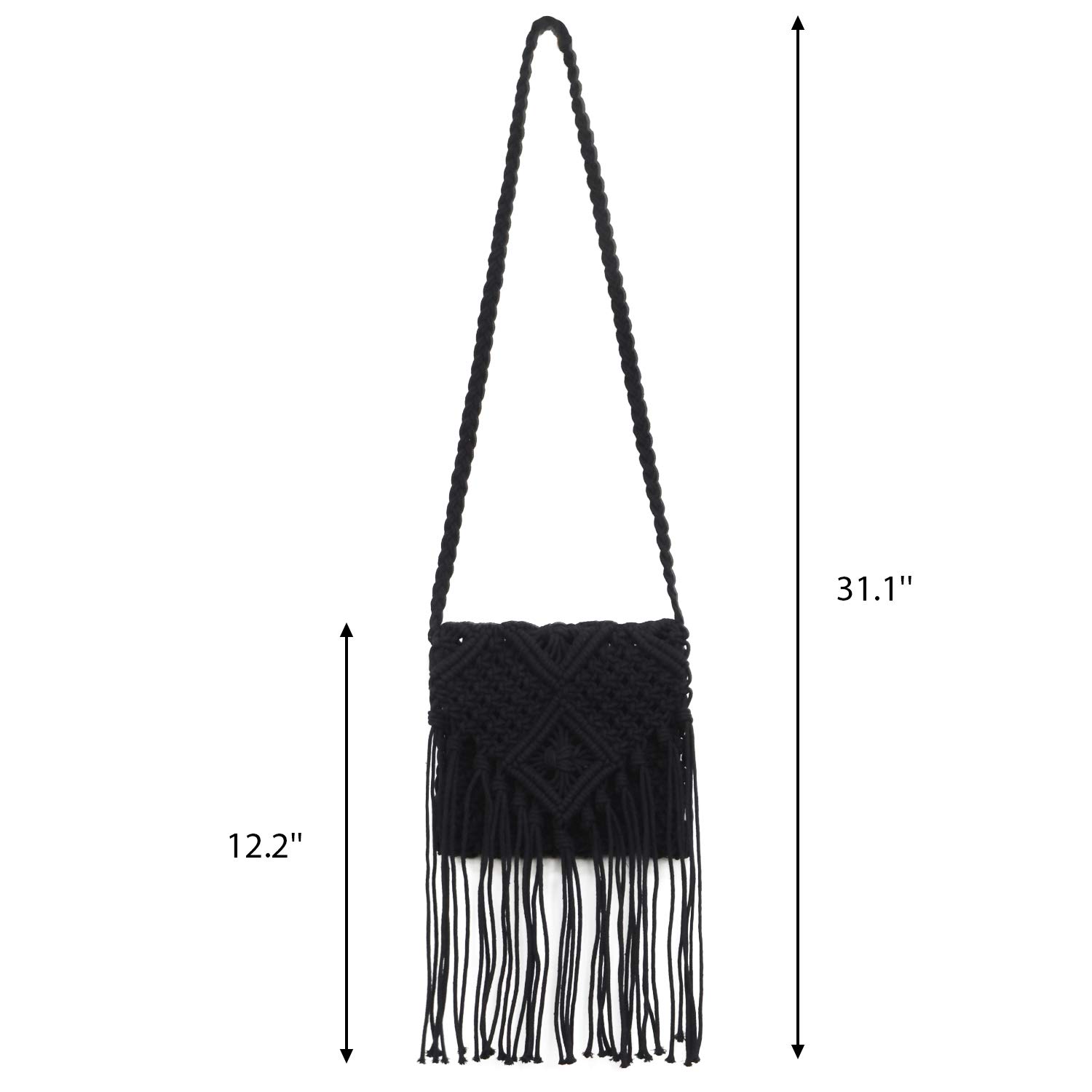 QTKJ Women's Crochet Square Crossbody Bag Hand-Woven Boho Tassels Summer Beach Cotton Messenger Shoulder Bag with Zipper (Black)