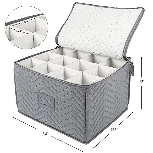 LotFancy Stemware Storage Containers, 2-Pack, Deluxe Quilted Storage Case with Dividers for 24 - Wine Glasses, Champagne Flutes, Glassware, Drinkware Storage Box Chest, 15.5”x12.5”x 10”, Gray
