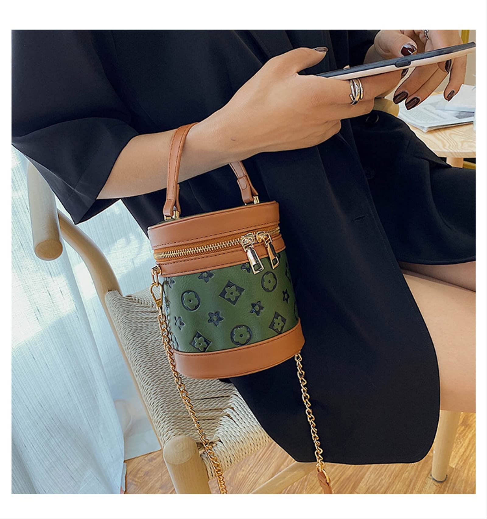 Women Fashion Print Chain Shoulder Bag Cylindrical Bucket Bag Coin Purse