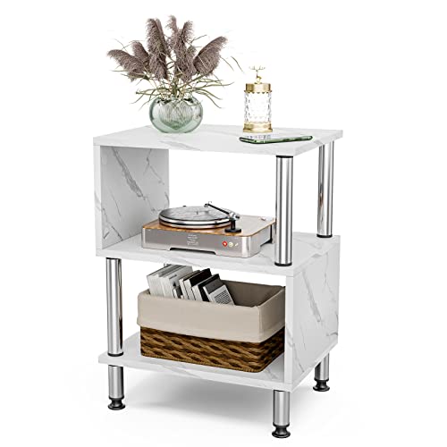 HMFOR Small End Table, S-Shape Nightstand for Living Room, Sofa Tables with Storage, 3 Tier Shelf Corner Side Table for Small Spaces, 15.74“L x 11.41" W x 20.07" H, White Faux Marble