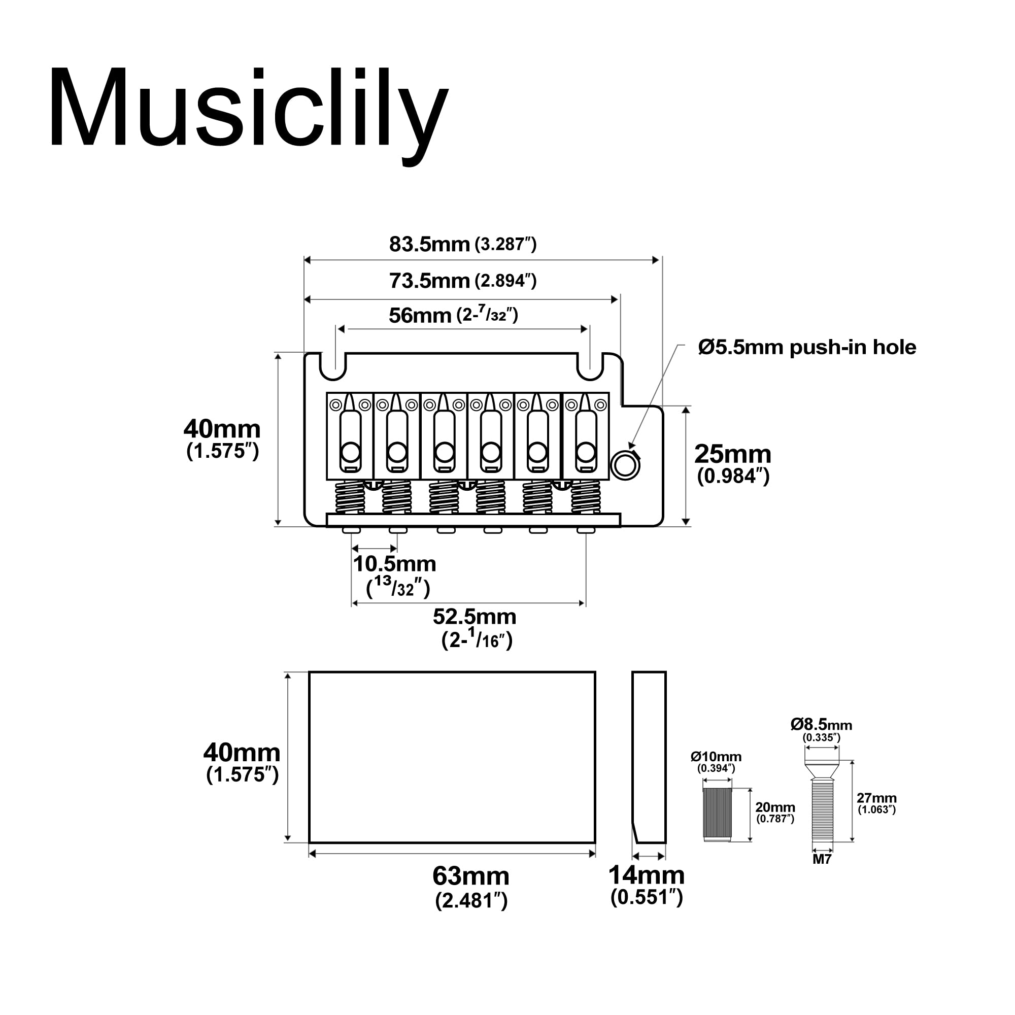 Musiclily Pro 52.5mm 2-Point Guitar Tremolo Bridge with Full Block Steel Saddles for Modern American Strat Electric Guitar, Chrome