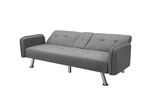 FULife Futon Sofa Convertible Sleeper Couch Bed Daybed Loveseat, Folding Recliner with 2 Cup Holders, Metal Legs, Removable Soft Pillow-Top Armrest for Living Room Small Place, Light Gray 66.1