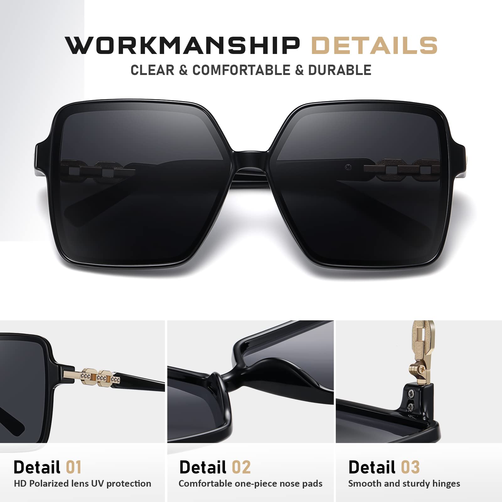 Colrea Trendy Polarized Square Sunglasses for Women Oversized Big Fashion Shades UV Protection CL23001 (Black)