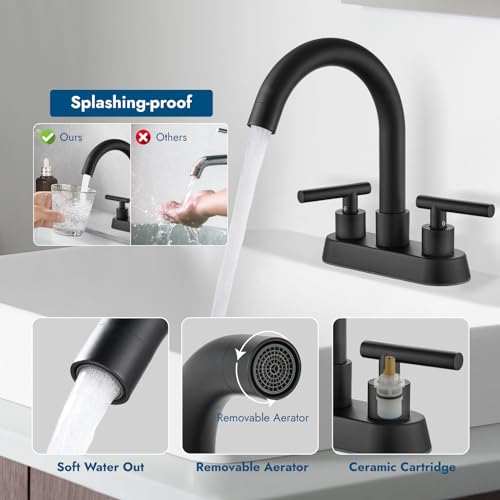 Cinwiny Matte Black Bathroom 4 Inch Centerset Sink Faucet SUS304 Double Handles Swivel Spout Deck Mount Mixer Tap with Pop-up Drain Lavatory Bathroom Vanity Faucets