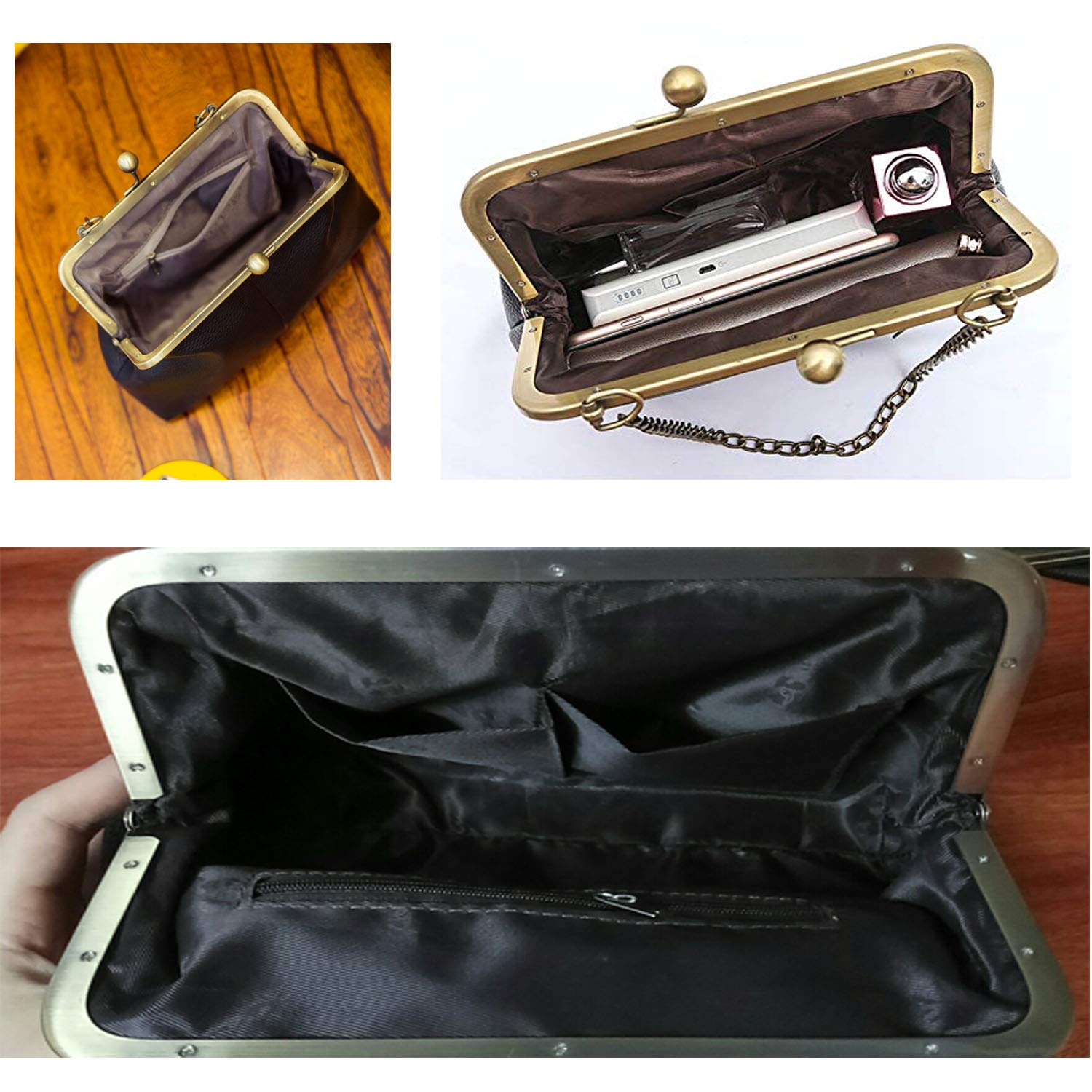 Women Small Vintage Chains Handbag - Pu Leather Kiss Lock Purse(Black)
