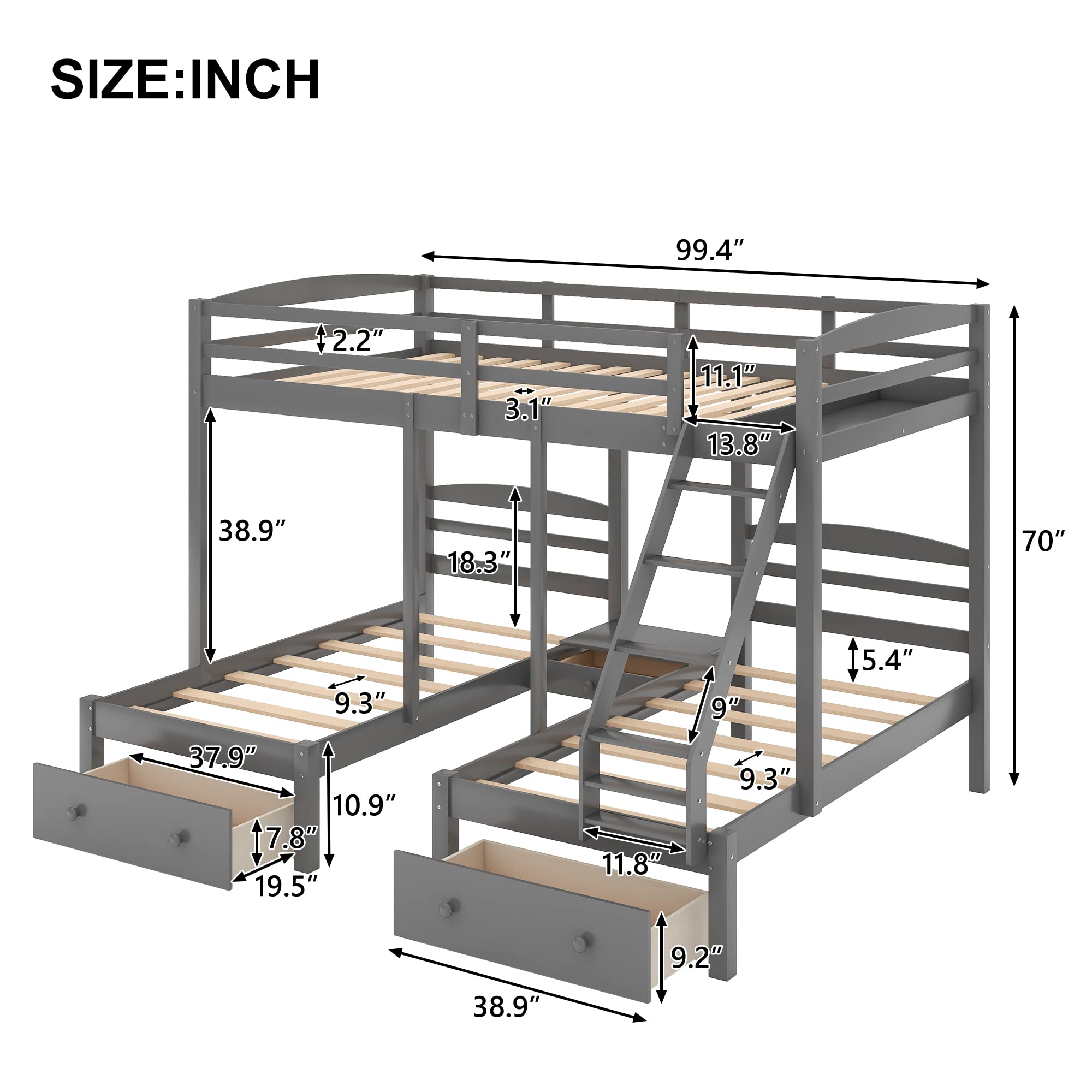 Full over Twin & Twin Bunk Bed,Triple Bunk Bed Frame for Boys Girls Kids Adults Toddler with Drawers, Gray
