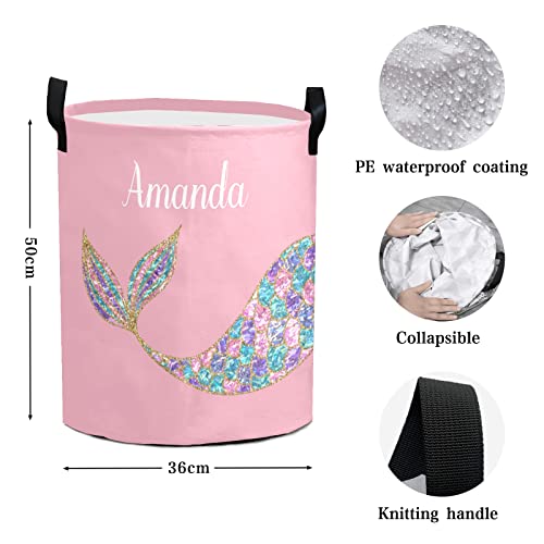 Mermaid Pink Large Storage Basket Personalized Laundry Hamper with Name Bathroom Home Decor Collapsible Round Storage Bin Boxes Clothing for Gift