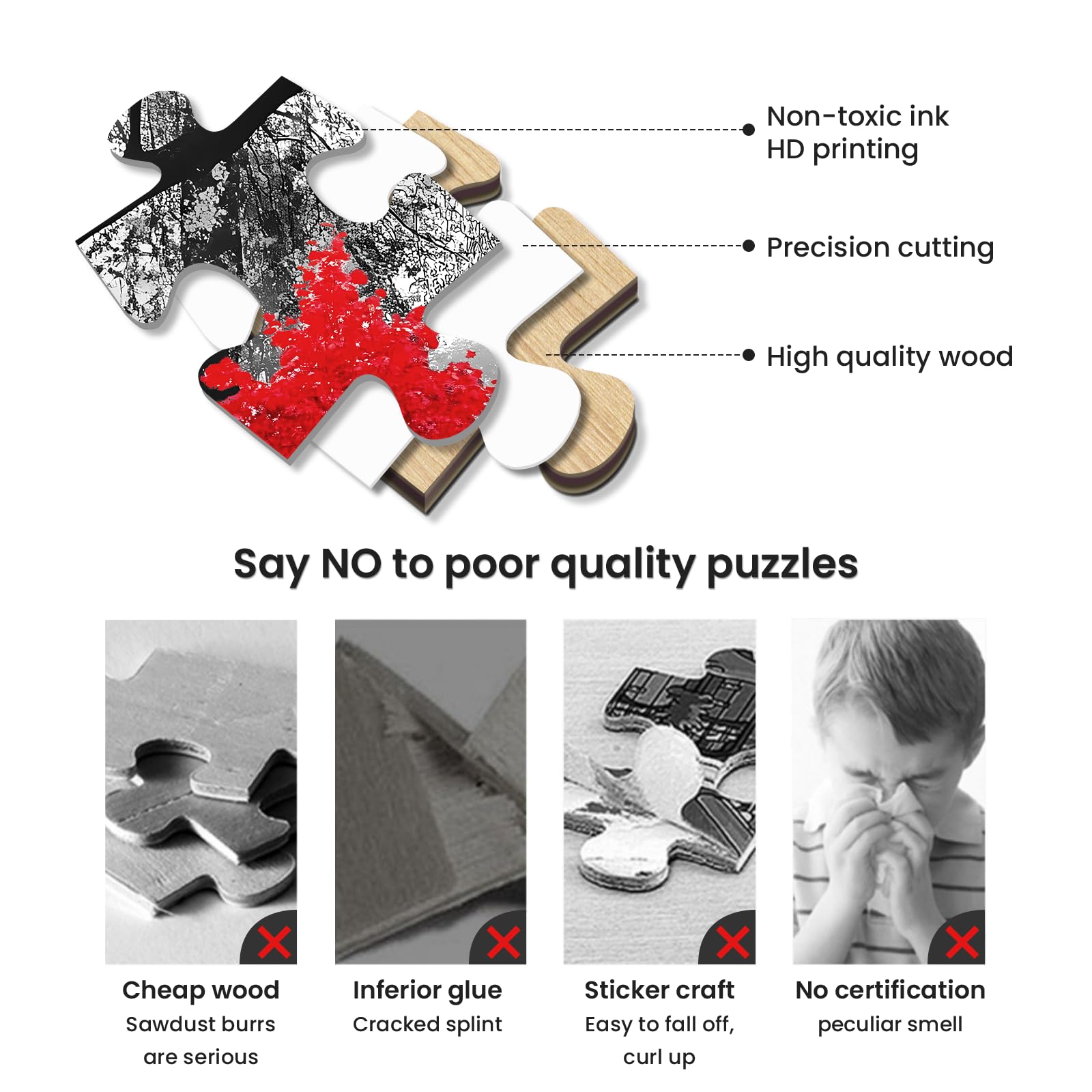 najiaxiaowu Adult Puzzle Classic Jigsaw Puzzle 1000 Pieces Wooden Puzzle DIY Black and White Bridge and Red Tree Modern Home Decor Intellectual Game Wall Art Unique Gift 75x50cm