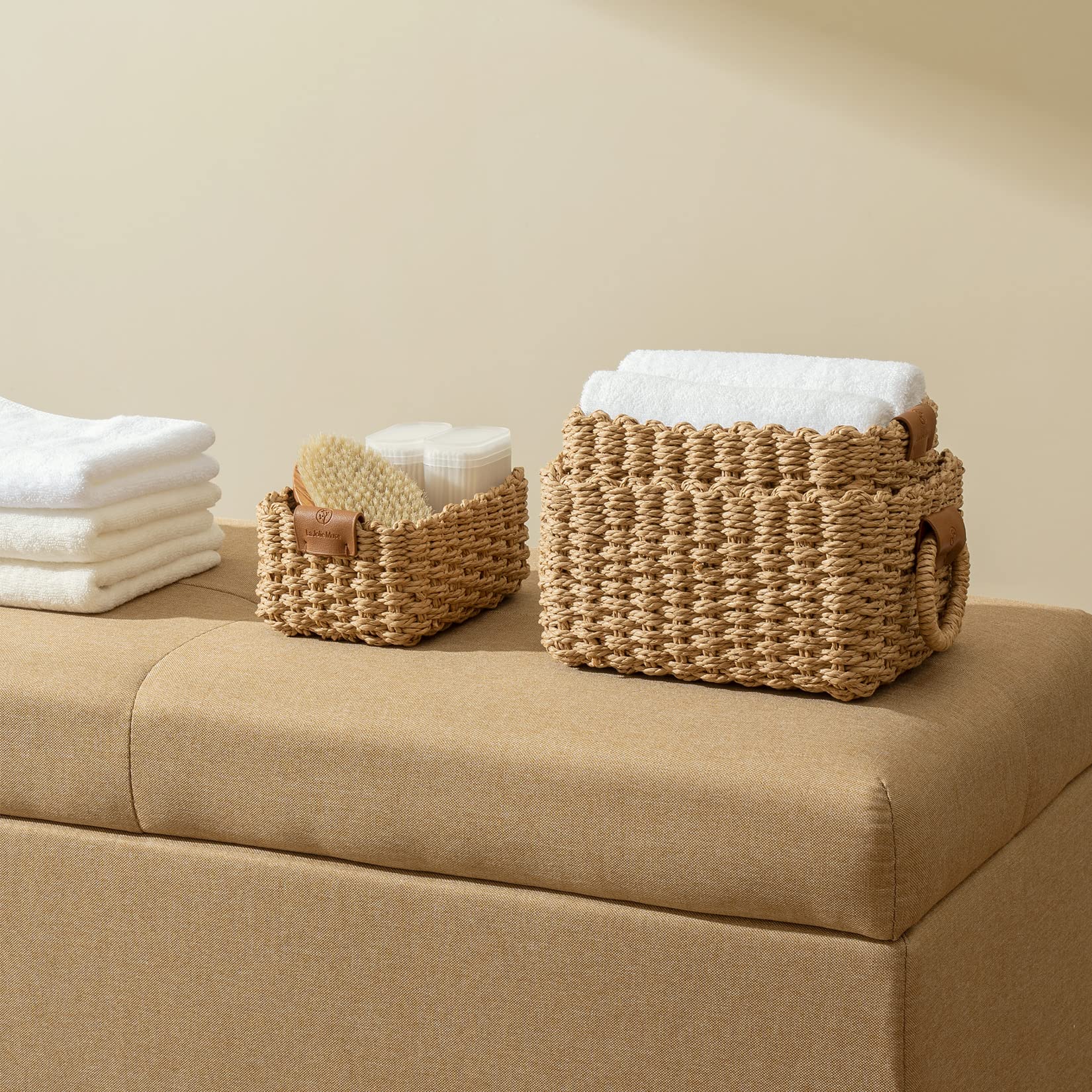 LA JOLIE MUSE Small Wicker Baskets for Organizing, Bathroom Basket with Handle, Recycled Paper Rope Storage Basket for Shelves Bathroom Cupboards Drawer, Decorative Square Basket Organizer Set of 3