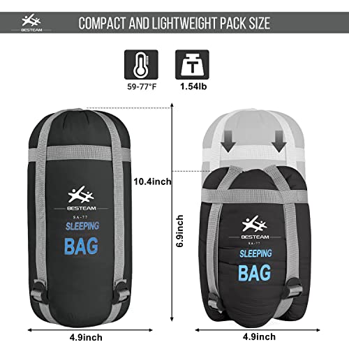 BESTEAM Warm Weather Sleeping Bag - Portable, Waterproof, Compact Lightweight, Packable with Compression Sack for Camping Backpacking Hiking, for Kids, Teens Adults - Spring Summer Fall