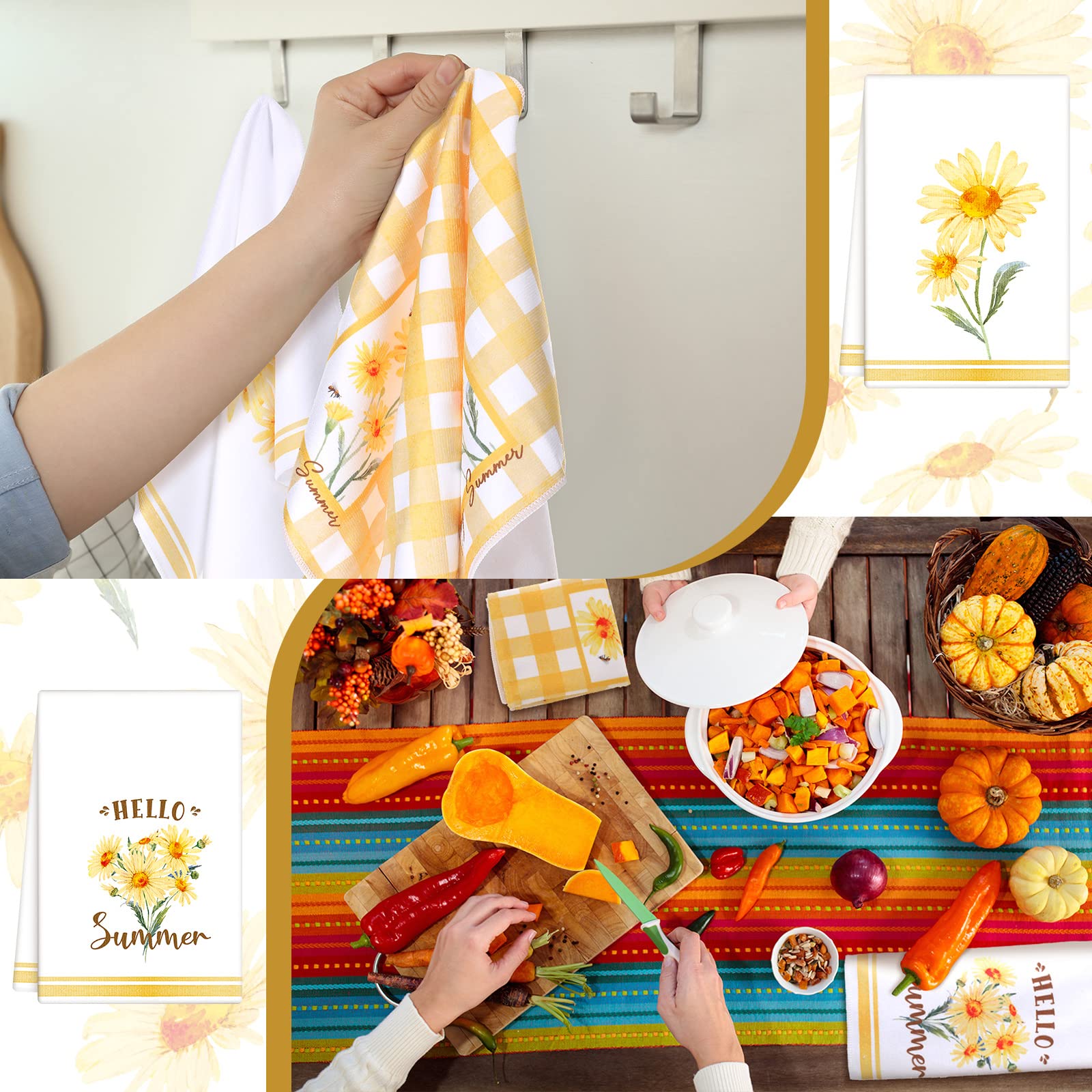 Buryeah 4 Pcs Kitchen Towels Set Yellow Daisy Dish Towels Yellow Dish Towels Absorbent Summer Kitchen Drying Towels for Kitchen Bathroom Party Seasonal Wedding Home Decorations,15.75 x 23.62 Inches