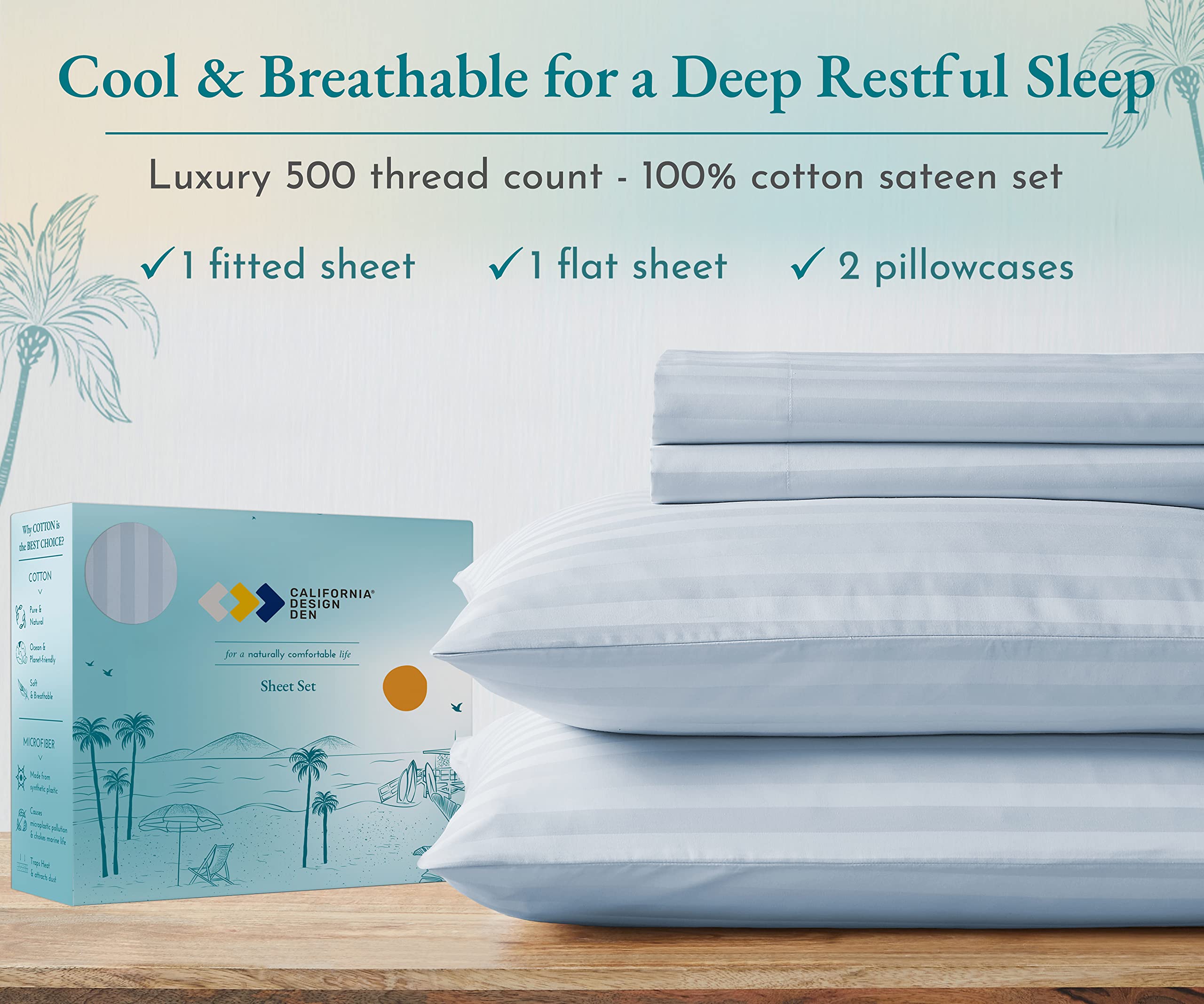 California Design Den - Finest Luxe Full Size Sheet Set Soft 100% Cotton Cooling Sheets Deep Pockets Snug Fit Elastic, 500 Thread Count, 4-Pc Set, Damask Stripe Bed Sheets (Stripe - Sky Blue)