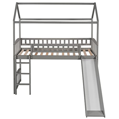 MOEO Twin Size House Loft Bed with Convertible Slide, Wood Bedroom Bedframe for Kids, Bedroom, Home, No Box Spring Need, Grey