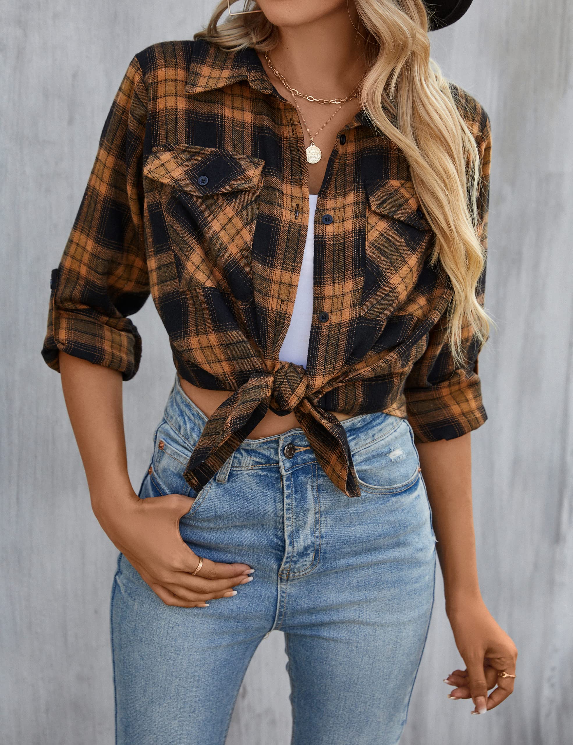 Blooming Jelly Women's Flannel Shirts Plaid Shacket Button Down Collared Business Casual Blouse 2023 Fall Roll Up Long Sleeve Tops (Yellow,Small)