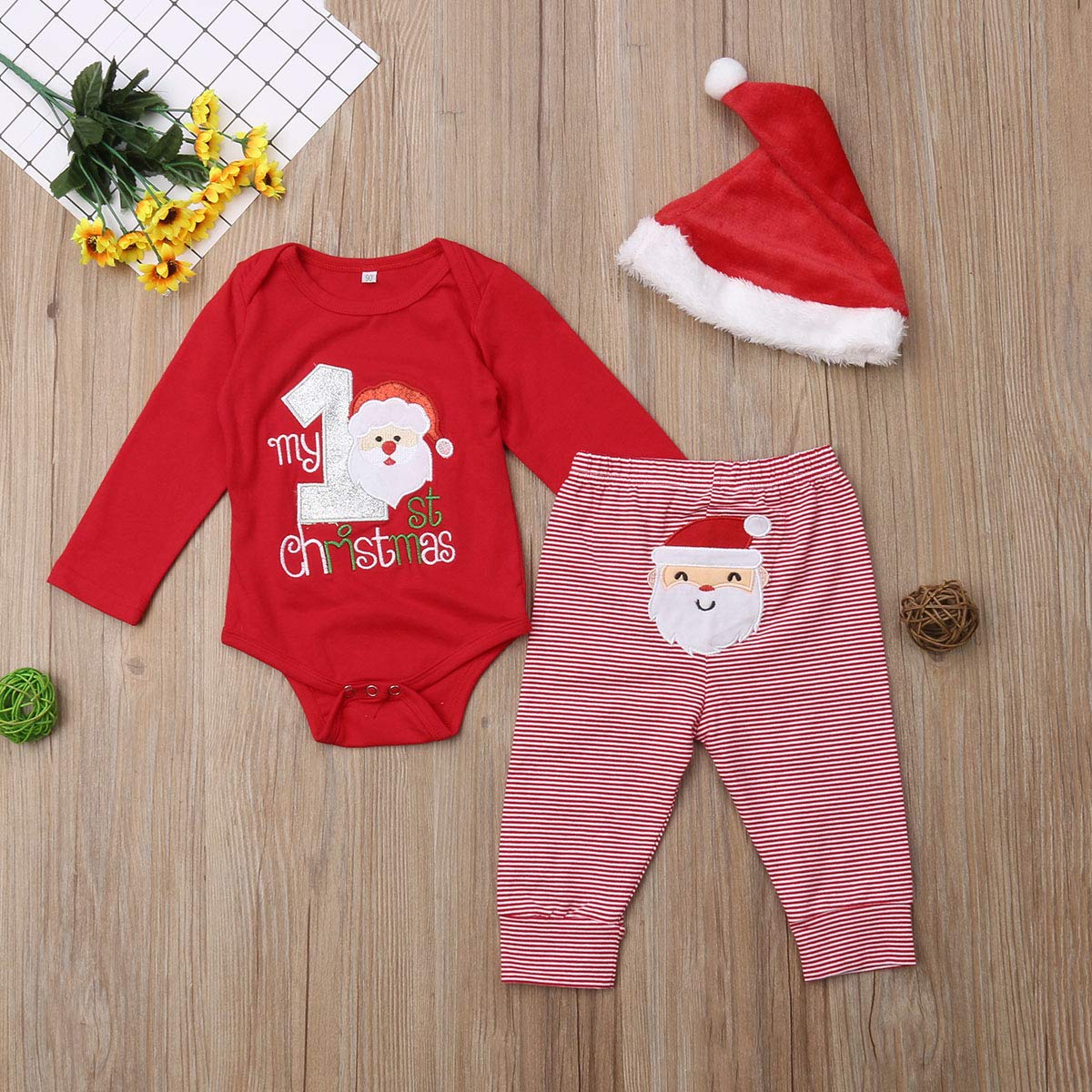 Bowanadacles My First Christmas Newborn Baby Girl Boy Outfit Clothes Long Sleeve Romper Santa Claus Pants 2Pcs Set
