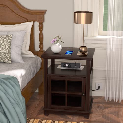 HIFYOBRO End Table with Wireless Charging Station Set of 2, Nightstand Set of 2, Side Table with Adjustable Storage Shelf for Bedroom, Living Room