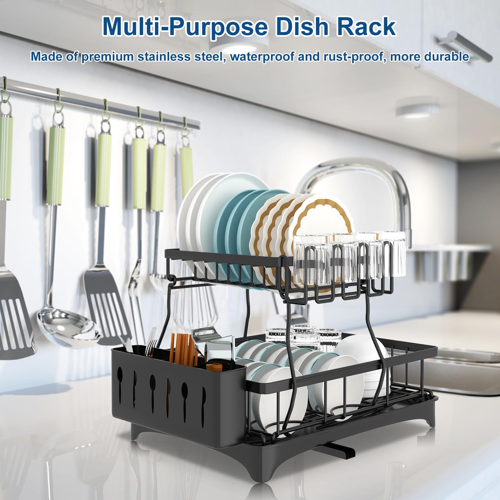 CLOMOOXI Dish Drying Rack, 2-Tier Detachable Dish Racks for Kitchen Counter, Stainless Steel Kitchen Drying Rack with a Cutlery Holder and Cup Holder, Drying Rack for Dishes, Knives, Spoons, Forks