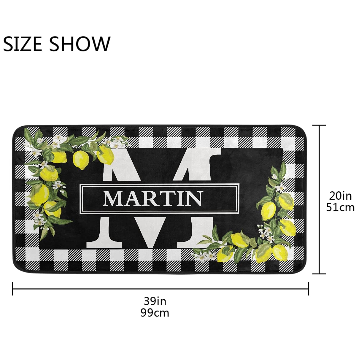 Custom Family Name Buffalo Plaid with Lemon Doormat Non-Slip Anti Fatigue Personalized Kitchen Rug 39 x 20 Inch Personalized Comfort Entryway Door Mats Perfect Carpet for Home Decor
