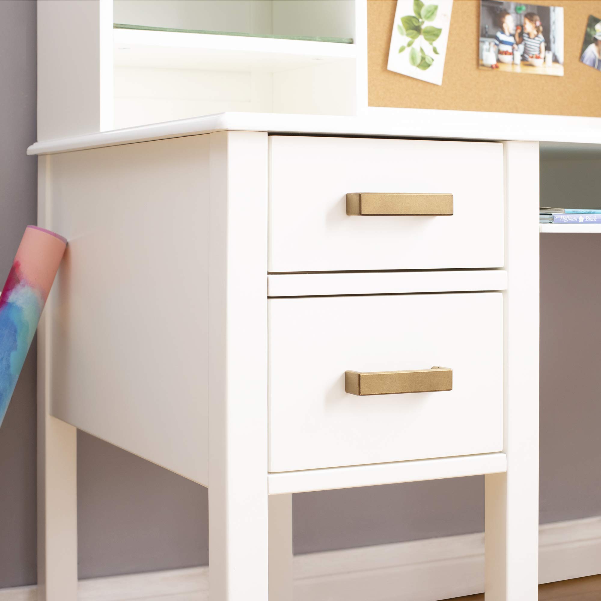 Guidecraft Kids Taiga Desk and Chair Set with Hutch - White: Kids Wooden Table Workstation with Storage Drawers, Adjustable Shelves and Corkboard | Study Table and Chairs for Kids Bedroom