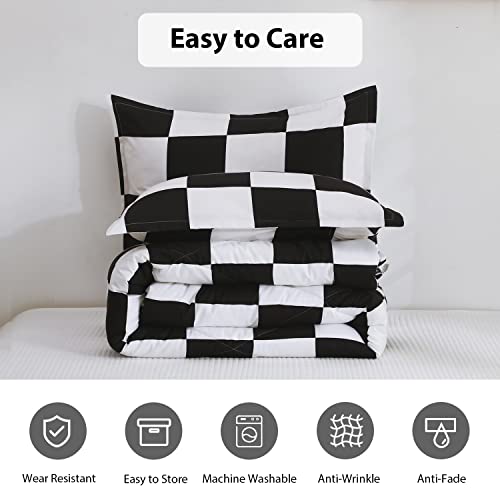 LUCKYBULL Comforter Set Twin Bedding Set Fluffy Black Plaid Down Alternative Comforter, Checkered Soft Textured Comforter with 1 Pillowcase All Seasons, Black and White 2 Piece