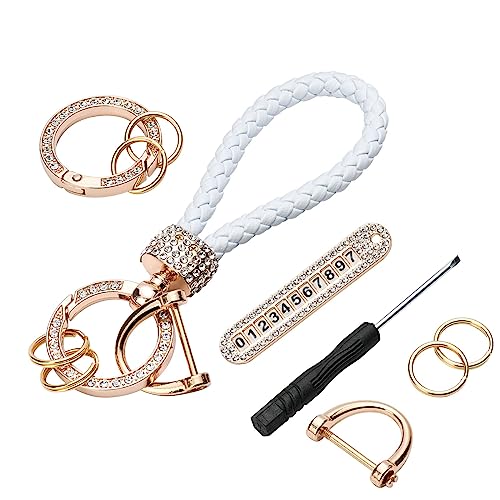 MUGVOLAX Anti-Lost car Keychains, Key fob Chains with Phone Number Plate, Leather Woven key chains, Accessories With Bling Rhinestones (White)