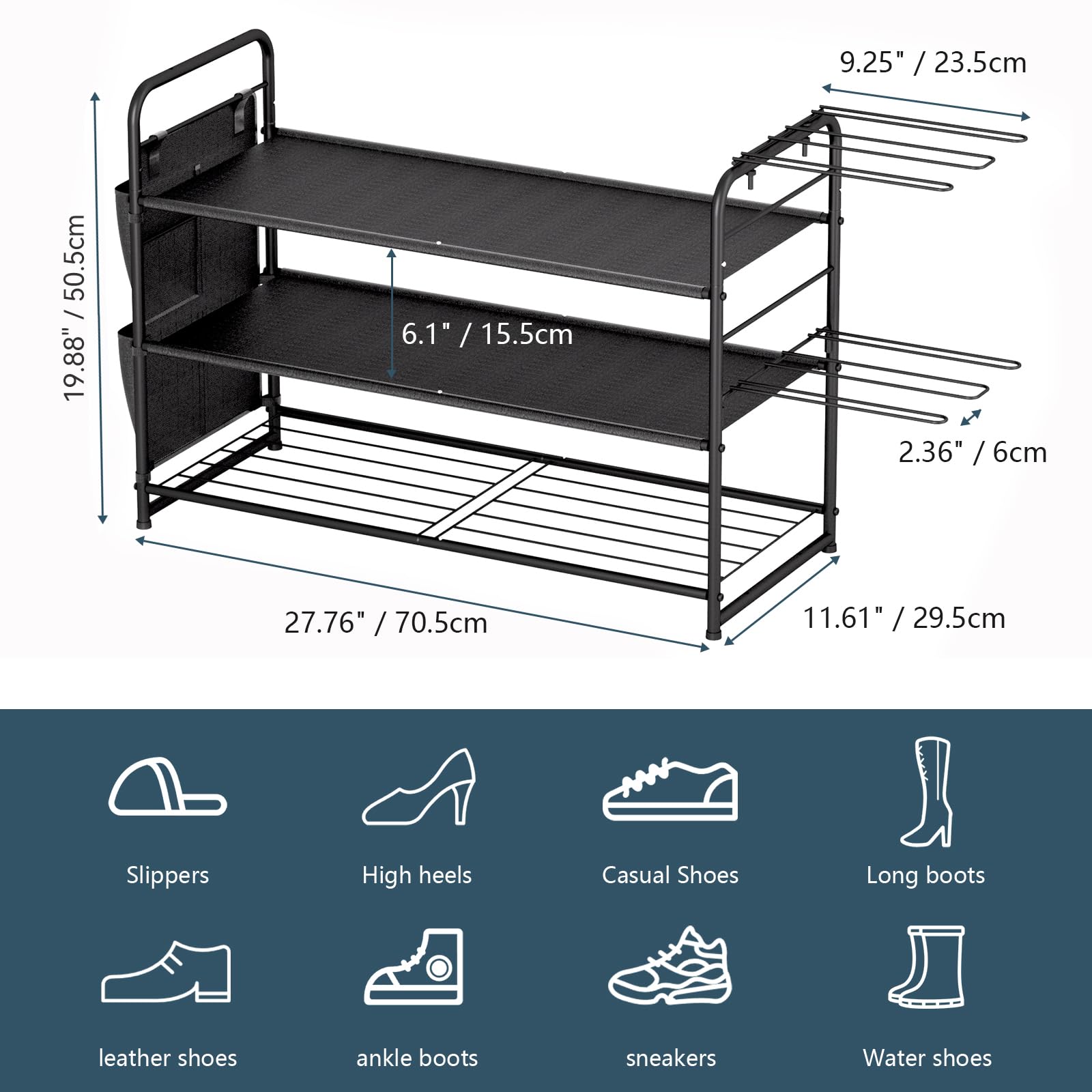 CLESOO Shoe Rack Storage Organizer 3-Tier Freestanding Metal Shoe Rack, Stackable Combination Shoe Rack with Side Pockets and Boot Organizer Rack Suitable for Entrances, Corridors, Garages