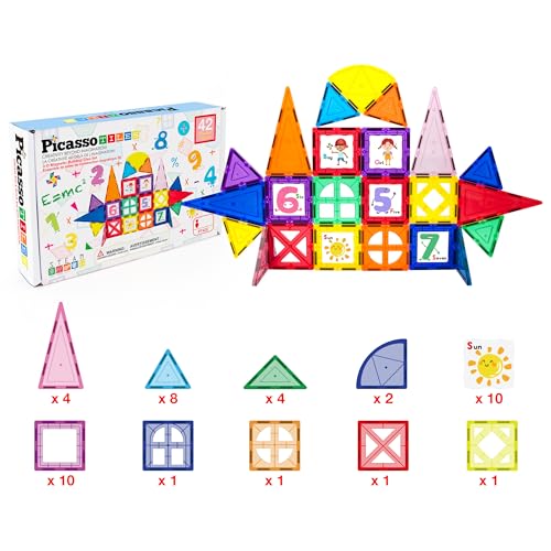 PicassoTiles Magnetic Building Blocks with Tiles and Click-in Educational Graphic Arts Magnet Construction Toy Set STEM Learning Playset Child Brain Development Stacking Playboard