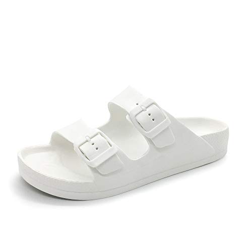 FUNKYMONKEY Women's Comfort Slides Double Buckle Adjustable EVA Flat Sandals (9 M US-Women, White)
