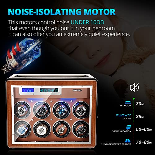 LUKDOF Walnut Watch Winder for 8 Automatic Watches Winding+ 6 Storage Slots LED Backlight Watch Display Box Touchscreen Automatic Rotation Case with Quiet Mabuchi Motors for Men and Women Gift