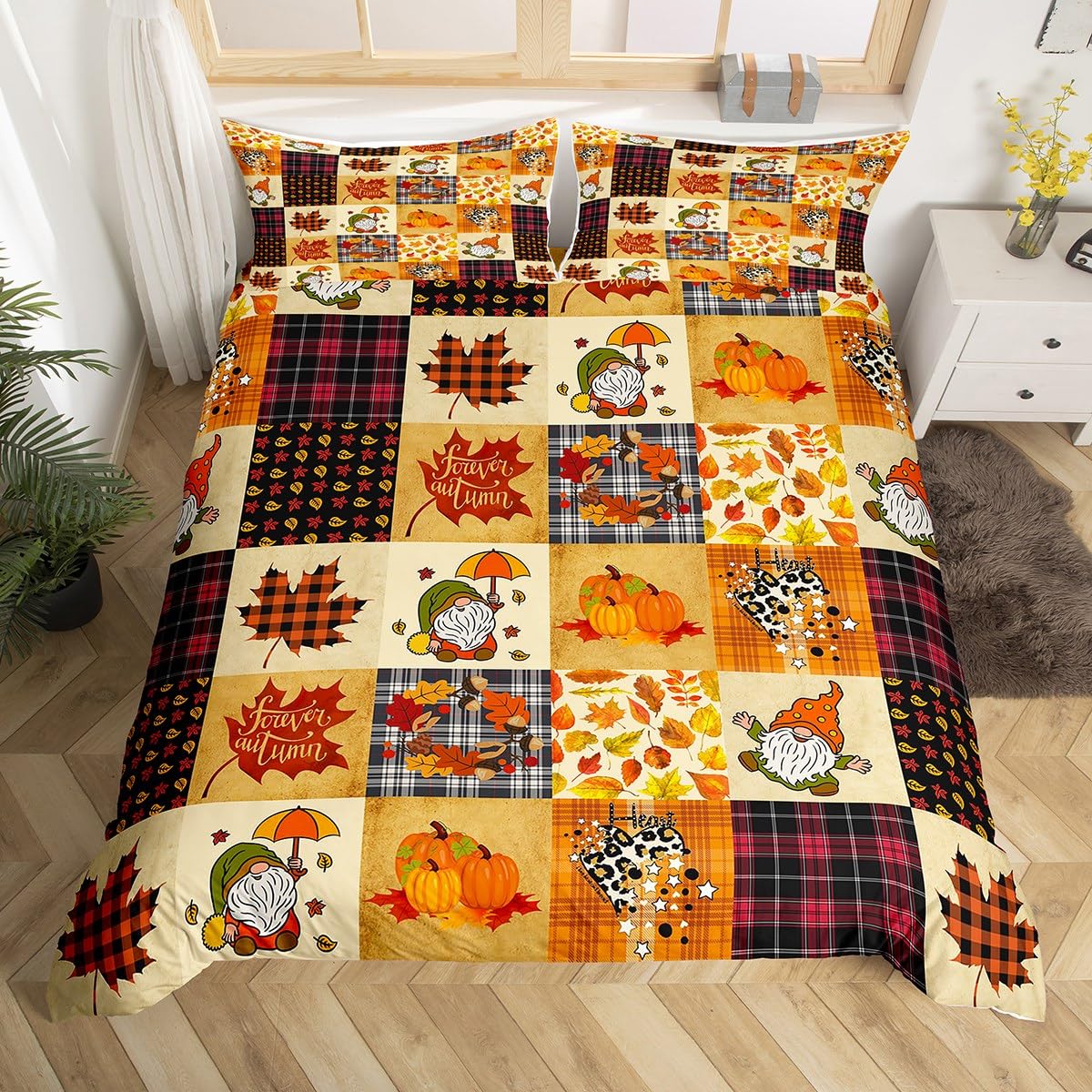 Fall Bedding Set Thanksgiving Day Gifts Duvet Cover for Boys Girls Women Autumn Harvest Comforter Cover Happy Fall Y'All Fall Season Bedspread Cover Geometry Grid Patchwork Bedding Queen Size