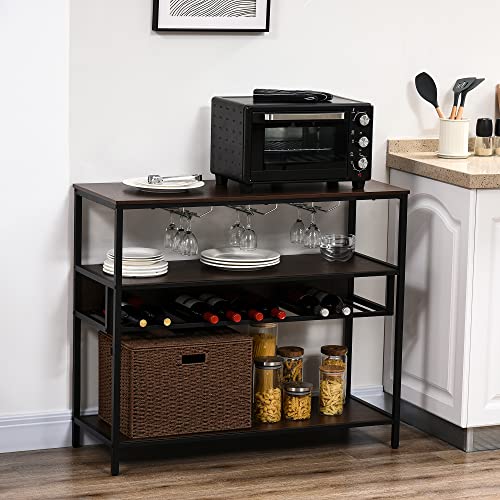 HOMCOM Industrial Wine Rack with 11-Bottles Holder, Free Standing Wine Shelf with Glass Holders for Home Bar, Kitchen, Dark Brown