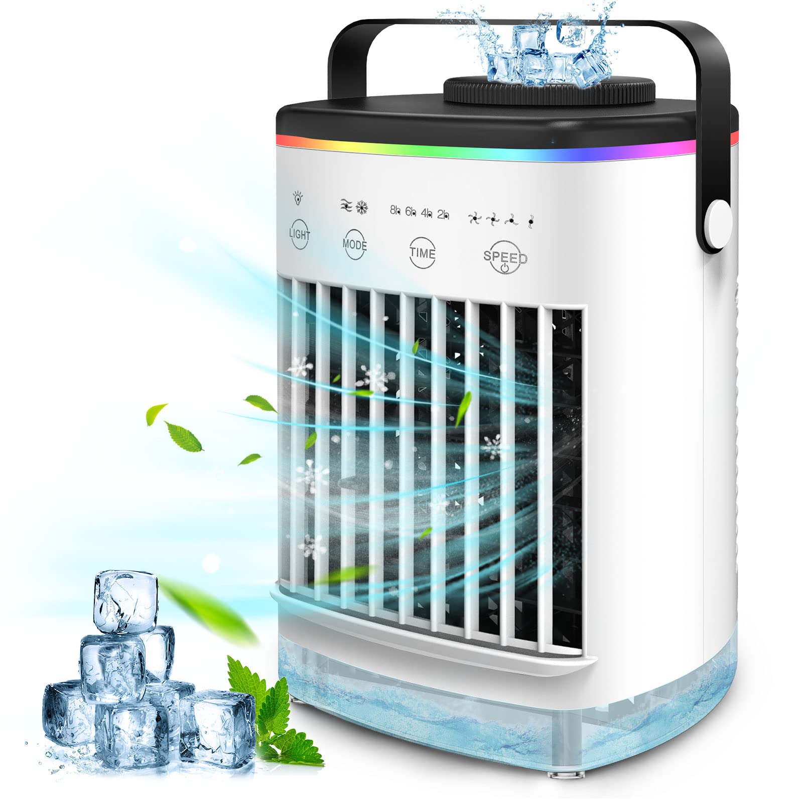 Portable Air Conditioner Fan Evaporative Air Cooler Desktop Cooling Fan with Double Water Tank 4 Speeds 8H Timer 7 Led Colors Portable Camping Fan with Handle for Home Bedroom Office