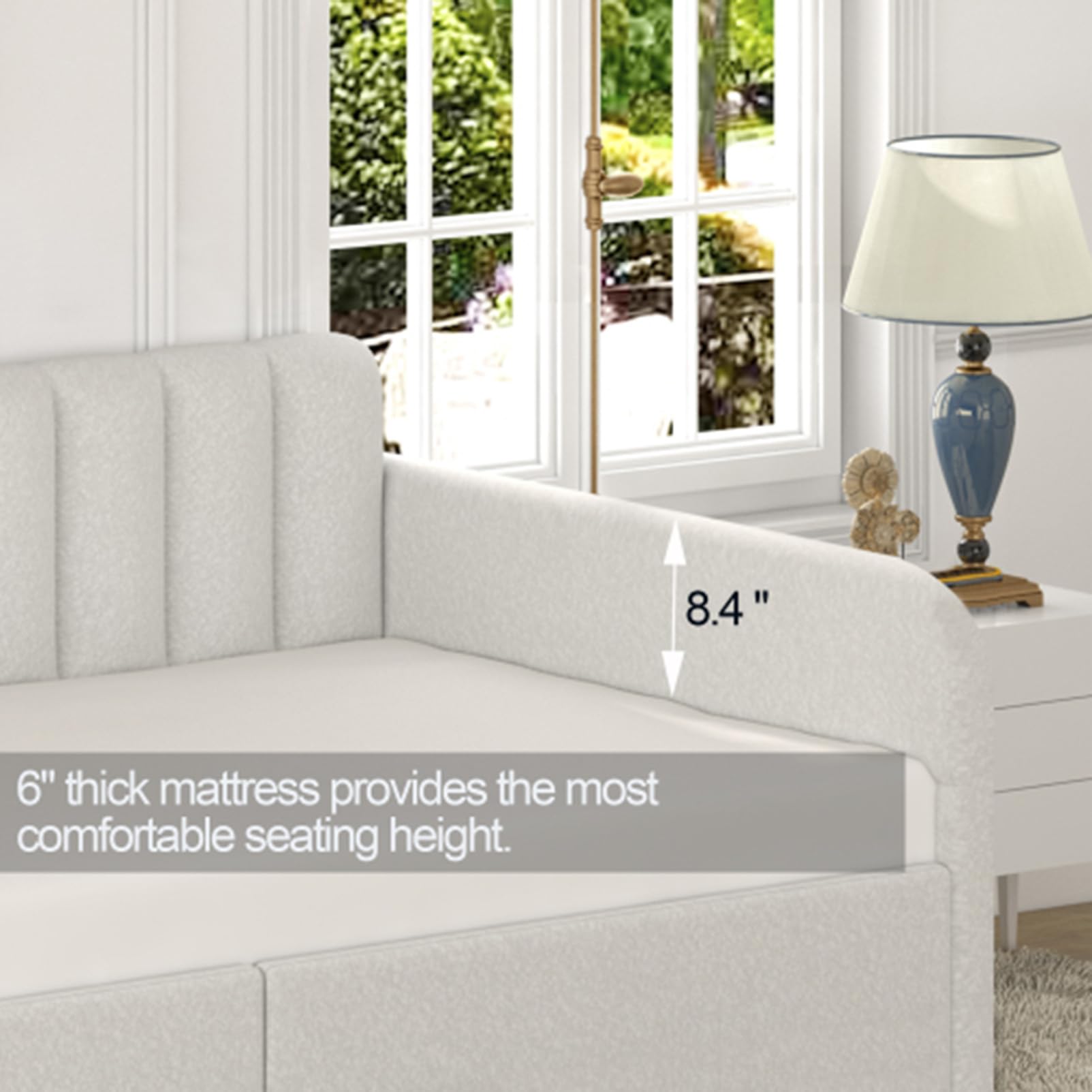 CYzpf Deep Seat Sofa Couches Bed,3 Seater Modern Cloud Sofá,Upholstered Lounge Sofa,Ribbed Tufted Backrest,with 2 Big Drawers,for Small Space, Apartment,Home Office,White