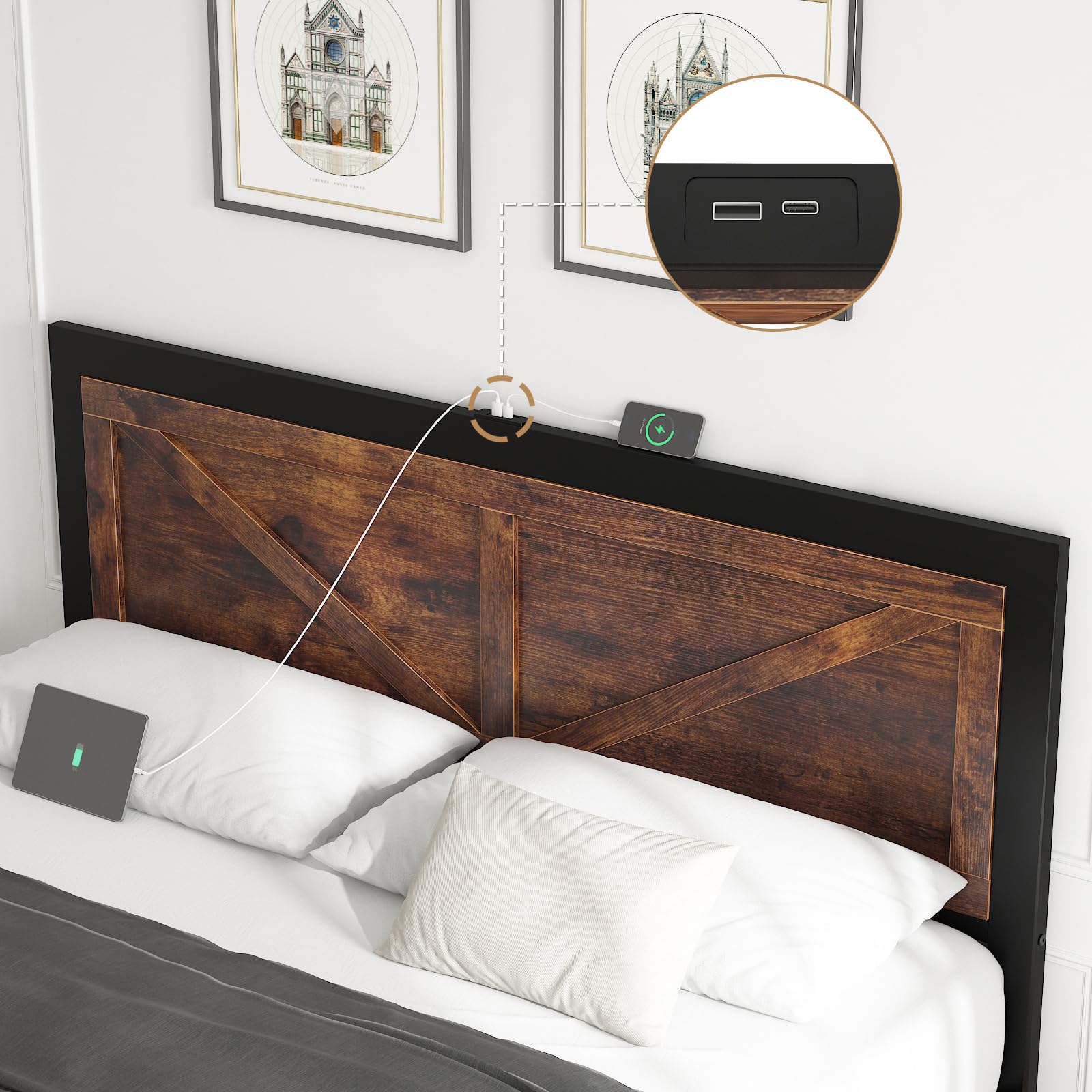 DOGIBIXO Led Bed Frame King Size with Charging Station, Industrial Platform Bed Frame with Rustic Barn Door Wood Headboard, Strong Metal Slats Support, Noise Free, No Box Spring Needed, Brown