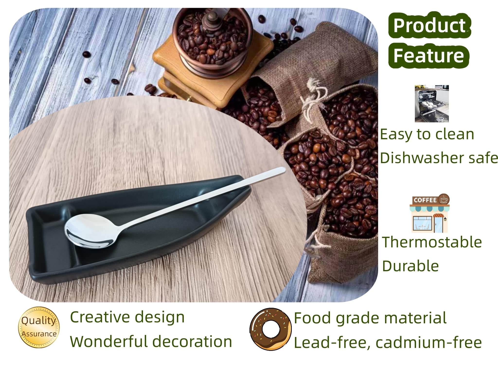 Coffee Spoon and Rest for Coffee Bar, Boat Small Spoon Rest for Coffee Station, Coffee Spoon Holder for Coffee Bar, Tea Spoon Rest Teaspoon Rest with Spoon (Matte Black + Round Spoon)
