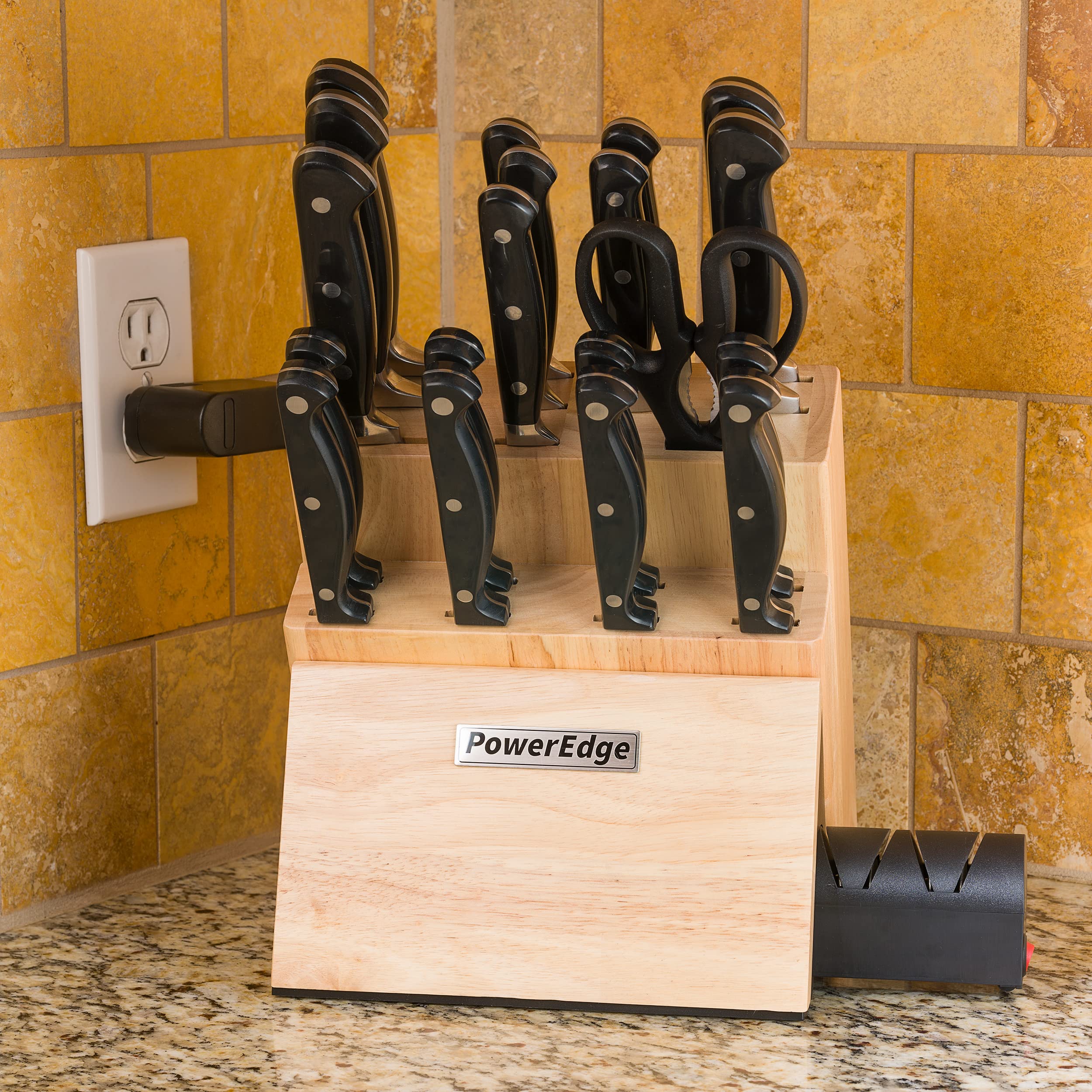 Everyday Solutions PowerEdge 20 Piece Knife Block Set - Razor Sharp Forged German Steel Blades - Multi-Piece Kitchen Knife Set with Wooden Block and Built-In Electric Sharpener - Dishwasher Safe
