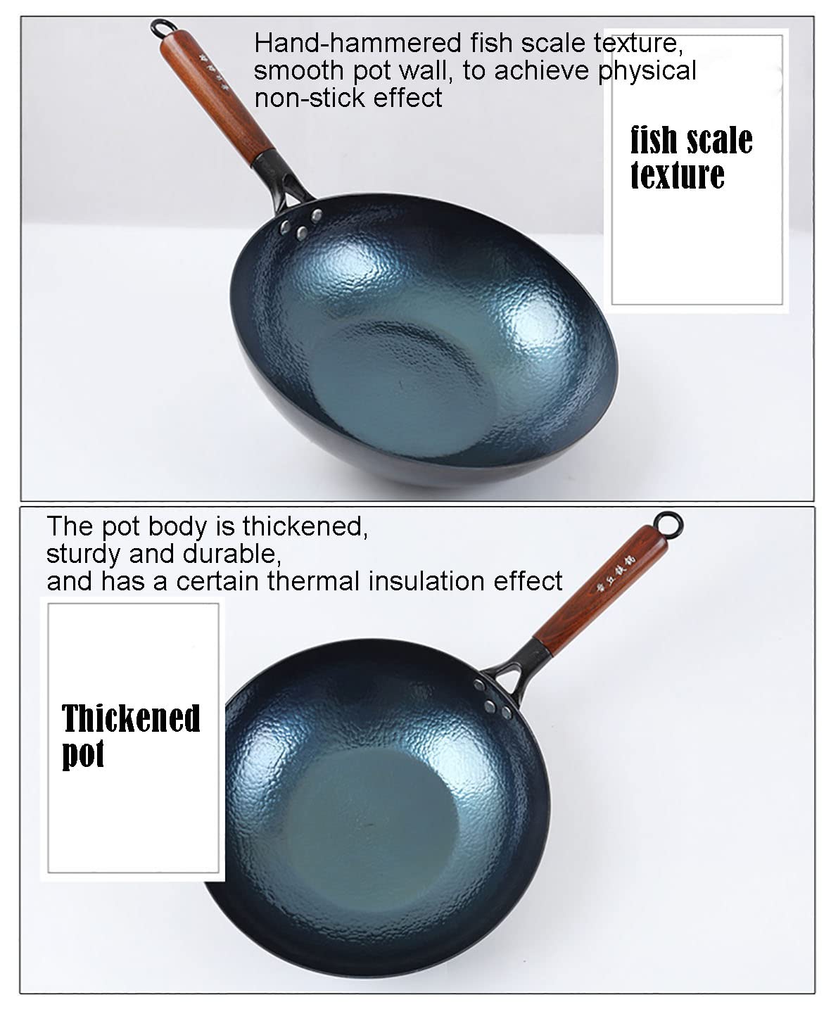 Chinese HandHammered Iron Woks and Stir Fry Pans, Flat Bottom wok，No Coating Non-stick, Suitable for all kinds of stoves (Diameter 30cm/11.81in)