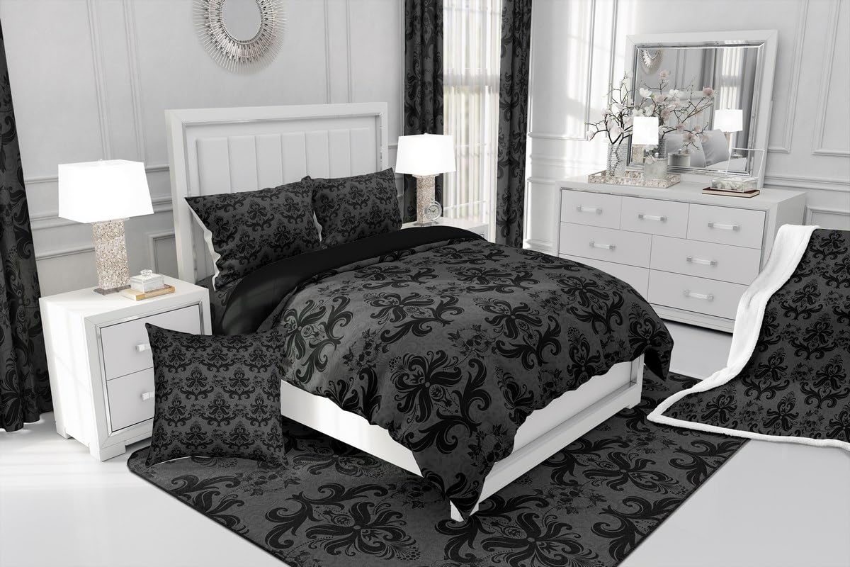 Feelyou Black Bedding Set Twin Size Kids Jacquard Comforter Cover Set for Boys Teens Sugar Skull Duvet Cover Exotic Black Damask Bedspread Cover Room Decor Quilt Cover