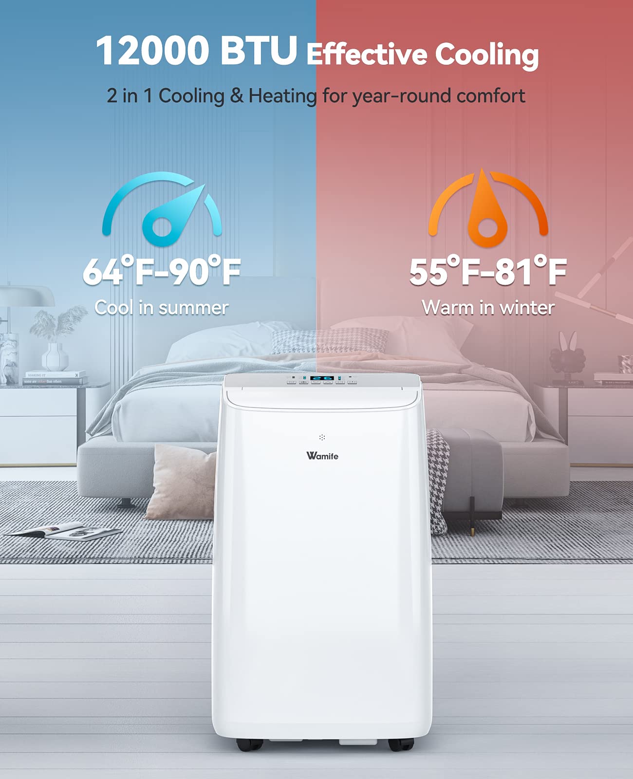 Portable Air Conditioner - Wamife 8150 BTU (DOE) | 12000 BTU (ASHRAE) Portable AC Unit, Voice Control with Alexa&Google Home, 4 IN 1 Cool/Heat/Dry/Sleep Modes, Floor Air Conditioner for 400 Sq.Ft.