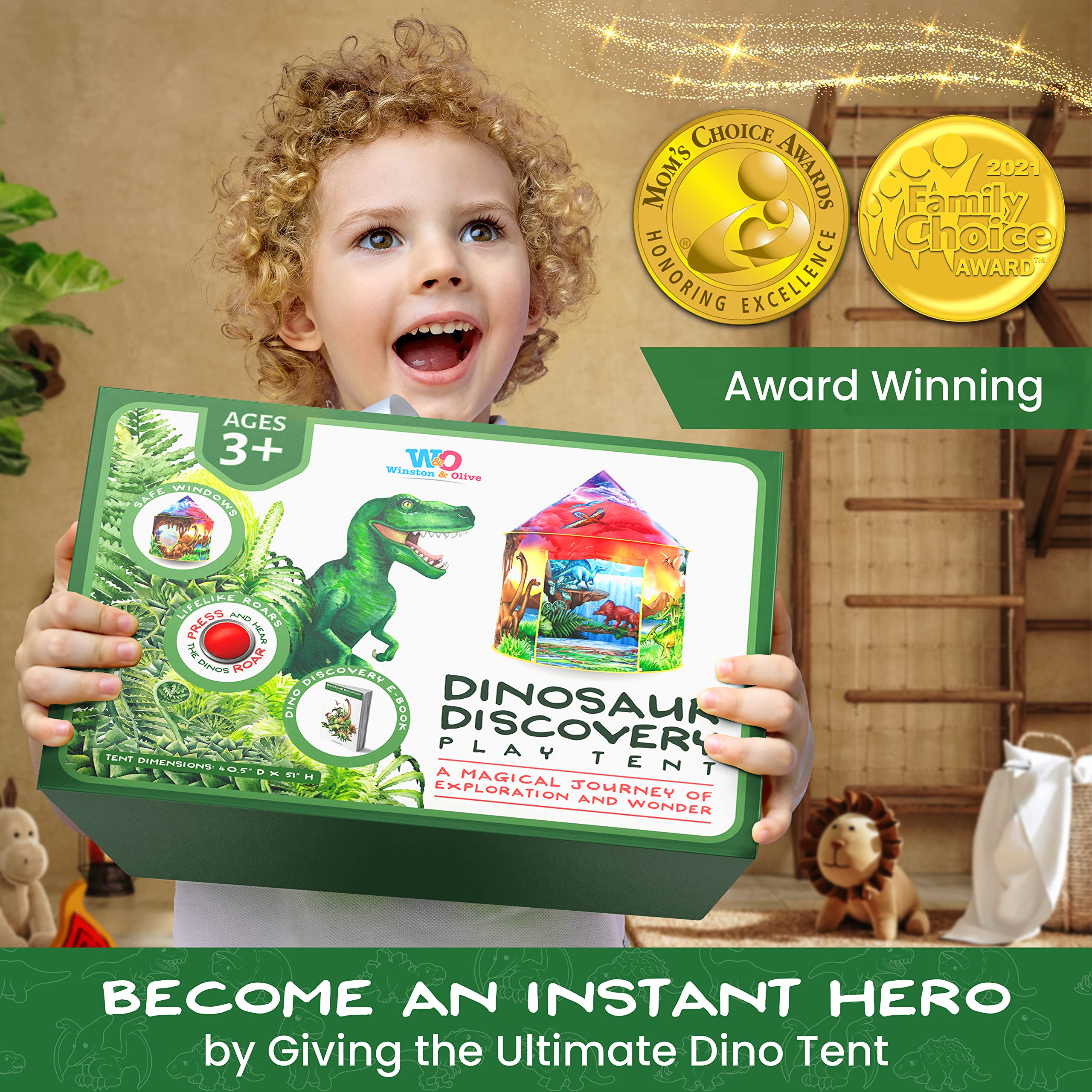 W&O Dinosaur Discovery Play Tent with Roar Button - Extraordinary Pop Up Tent for Boys & Girls - Perfect for Indoor & Outdoor Adventures